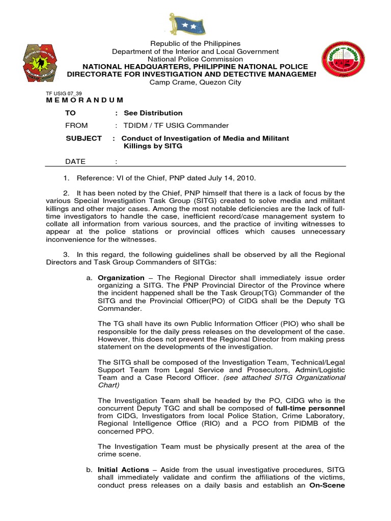 Guidelines for SITG Investigations in PNP | PDF | Crime Scene | Police