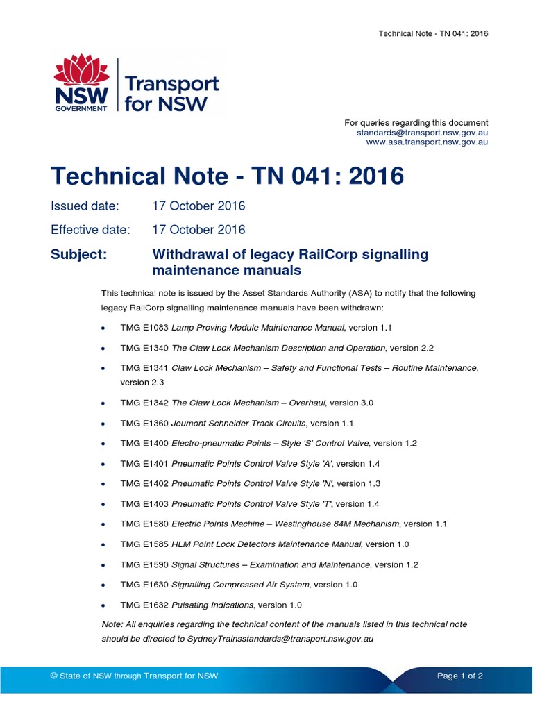 Technical Note - TN 041: 2016: Subject: Withdrawal of Legacy Railcorp ...