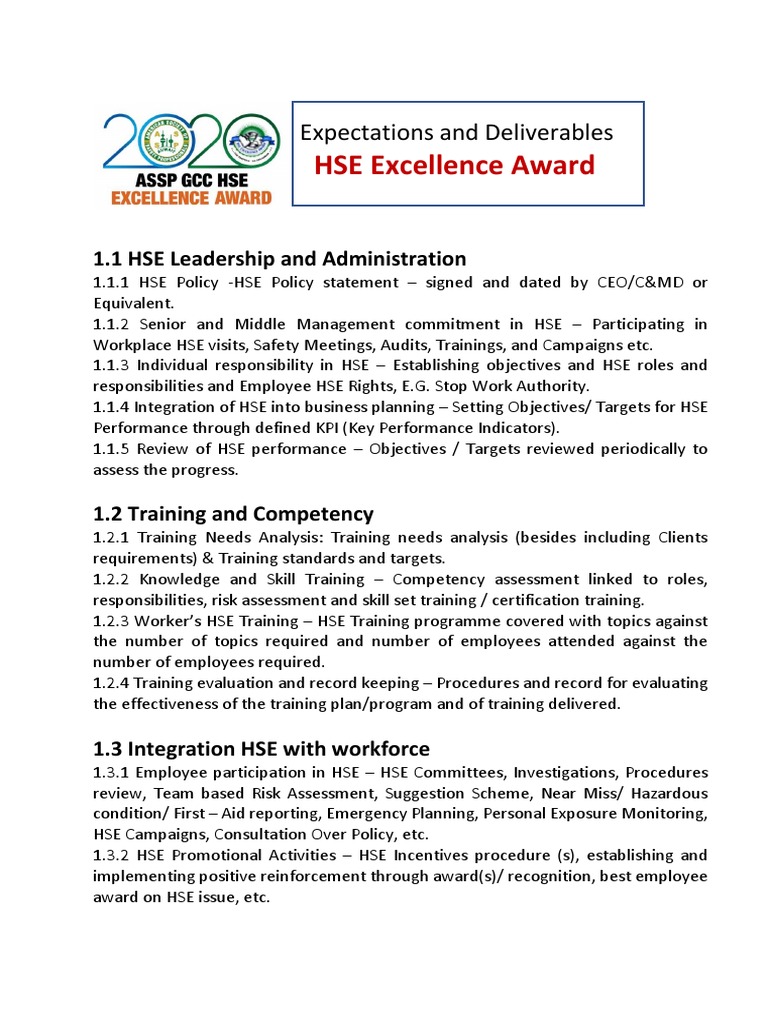 HSE Excellence Award Criteria and Deliverables | PDF | Risk | Risk ...