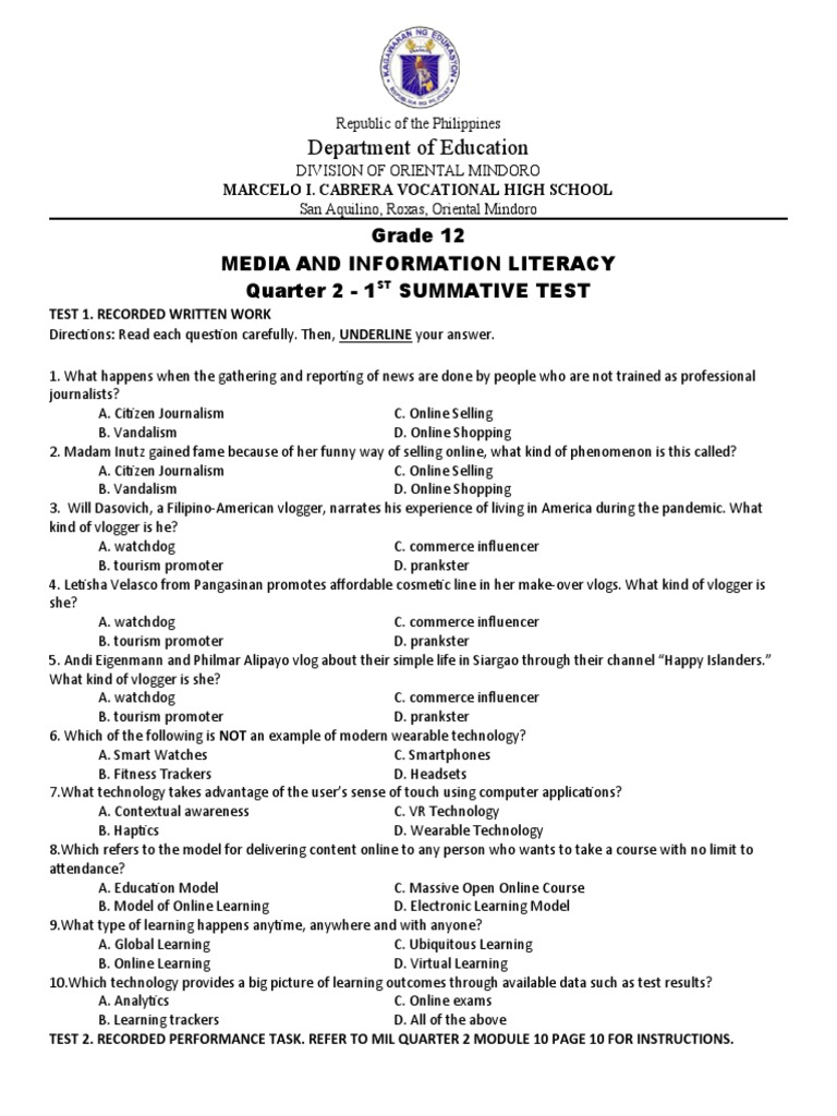 Media Information Literacy-Q2-SUMMATIVE TEST 1 | PDF | Educational ...