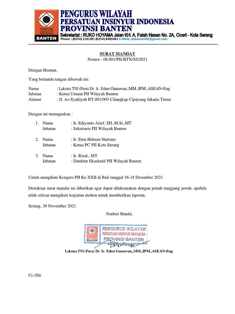 Surat Mandat PII Banten Kegiatan Kongres PII Ke-XXII | PDF