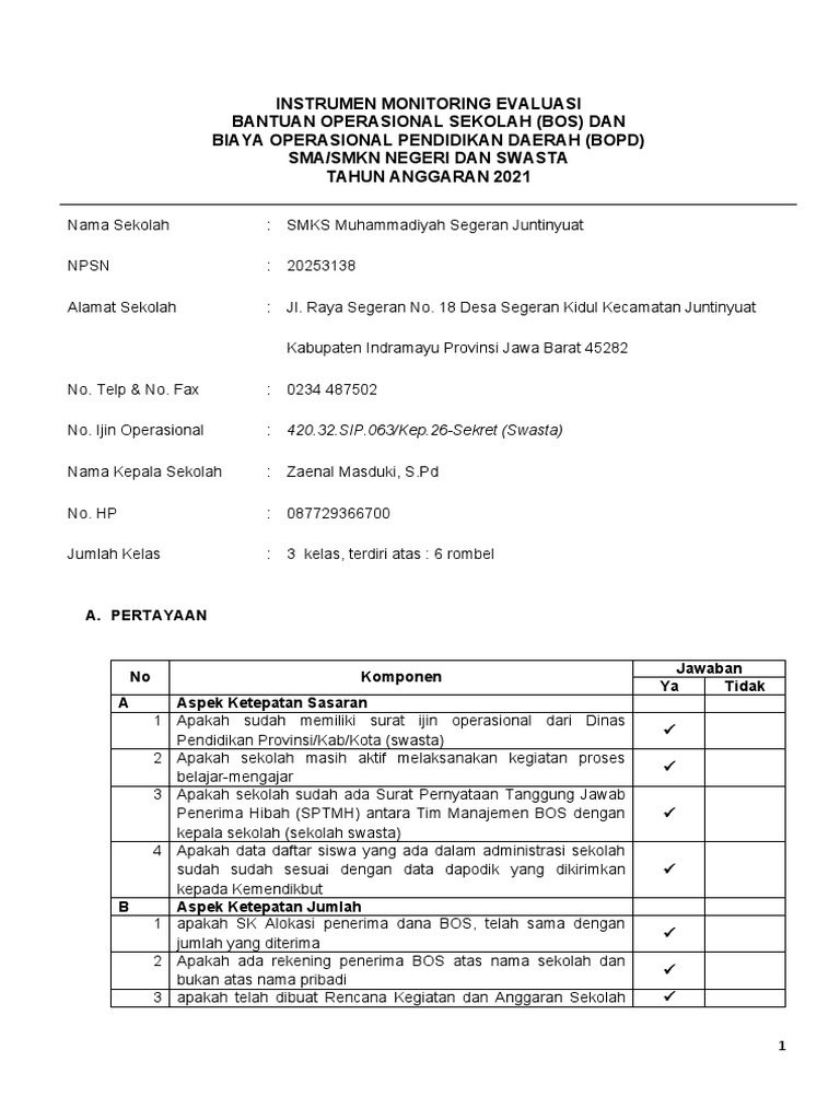 Instrumen Monev Bos Sma SMK Tahun 2021 | PDF