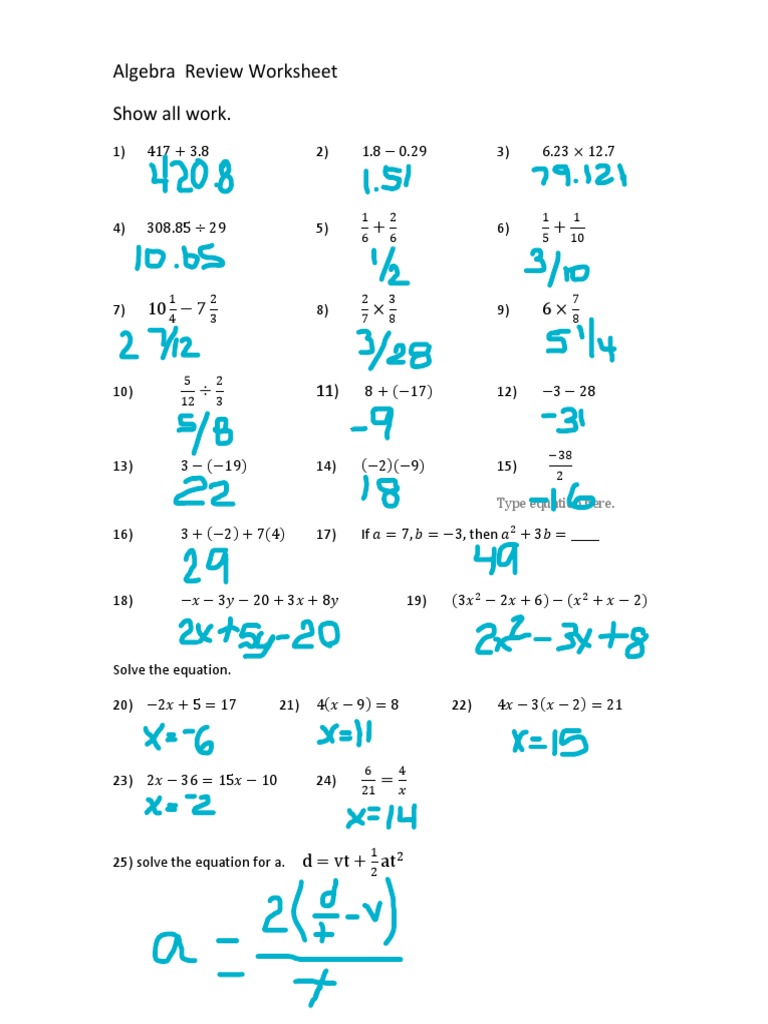 Algebra Review Worksheet 8.16.21 | PDF