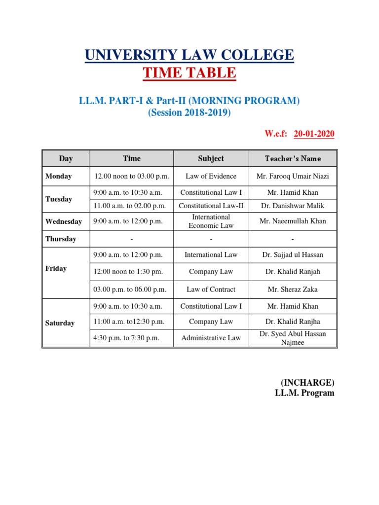 University Law College 2018-2019 Timetable for LL.M. Part-I & Part-II ...