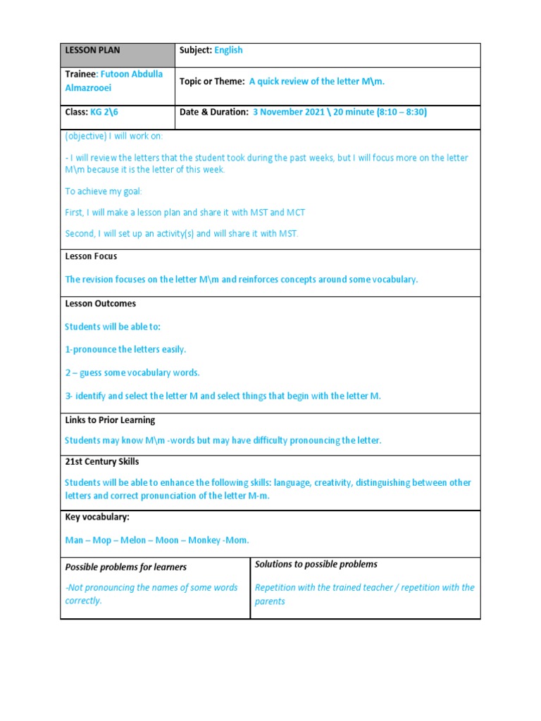 Lesson Plan MCT Letter M | PDF | Lesson Plan | Vocabulary
