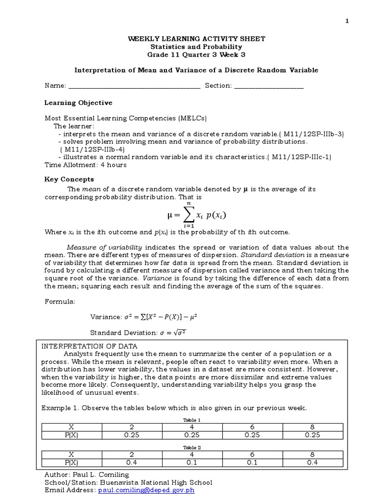 Weekly Learning Activity Sheet Statistics and Probability Grade 11 ...