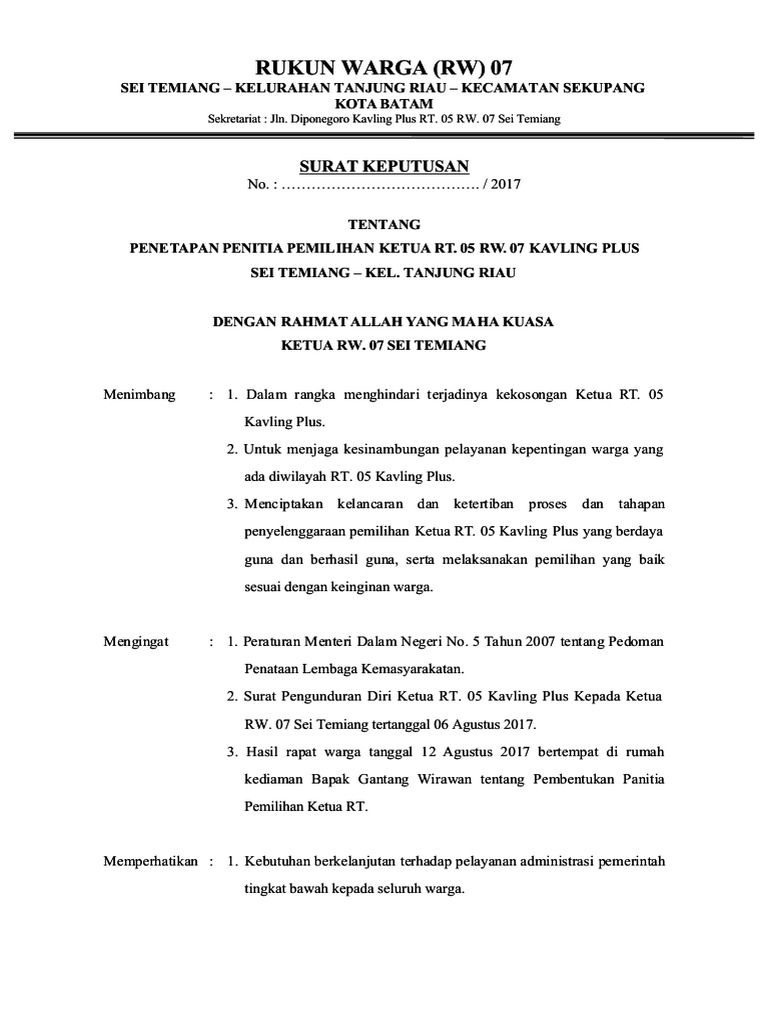 Rukun Warga (RW) 07 Rukun Warga (RW) 07: Surat Keputusan Surat ...