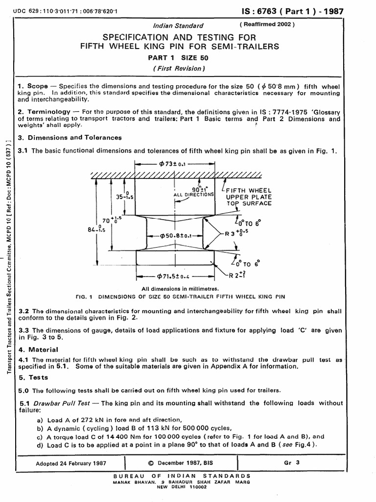 Specification and Testing For Fifth Wheel King Pin For Semi-Trailers ...