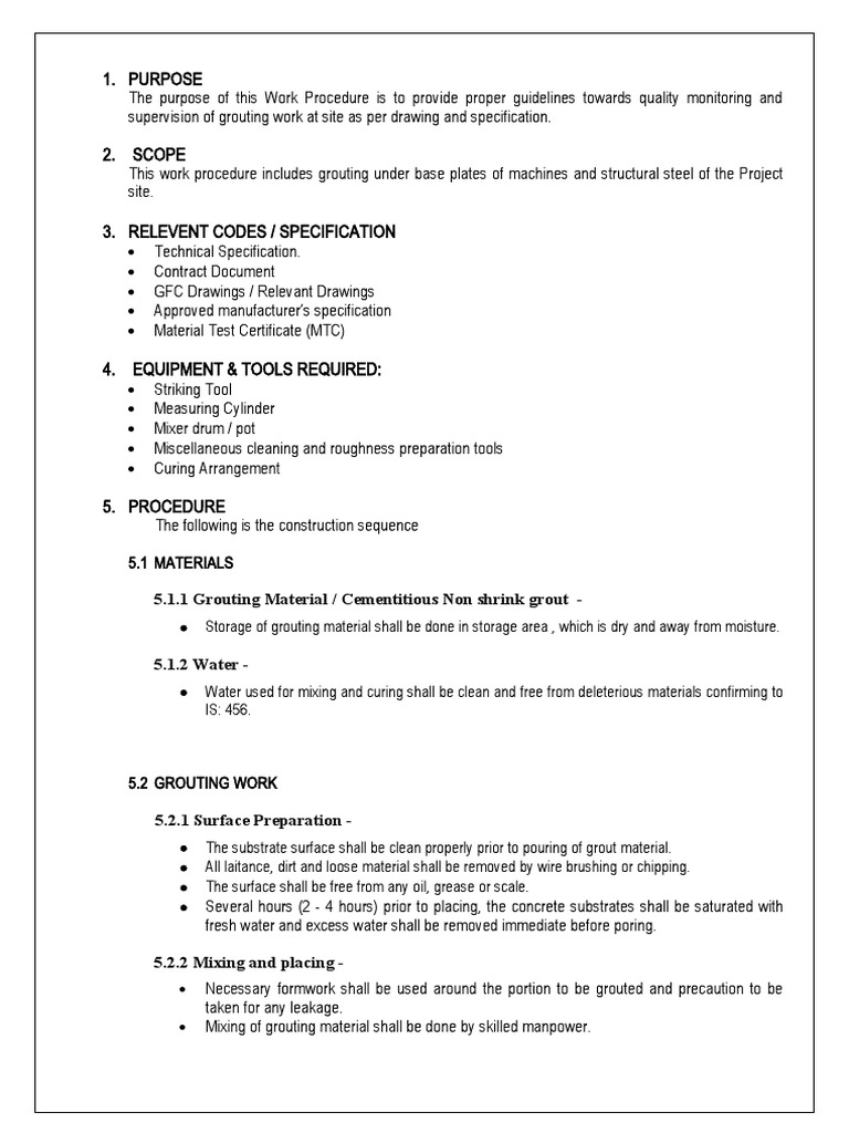 Work Procedure For Grouting. | PDF | Water | Concrete