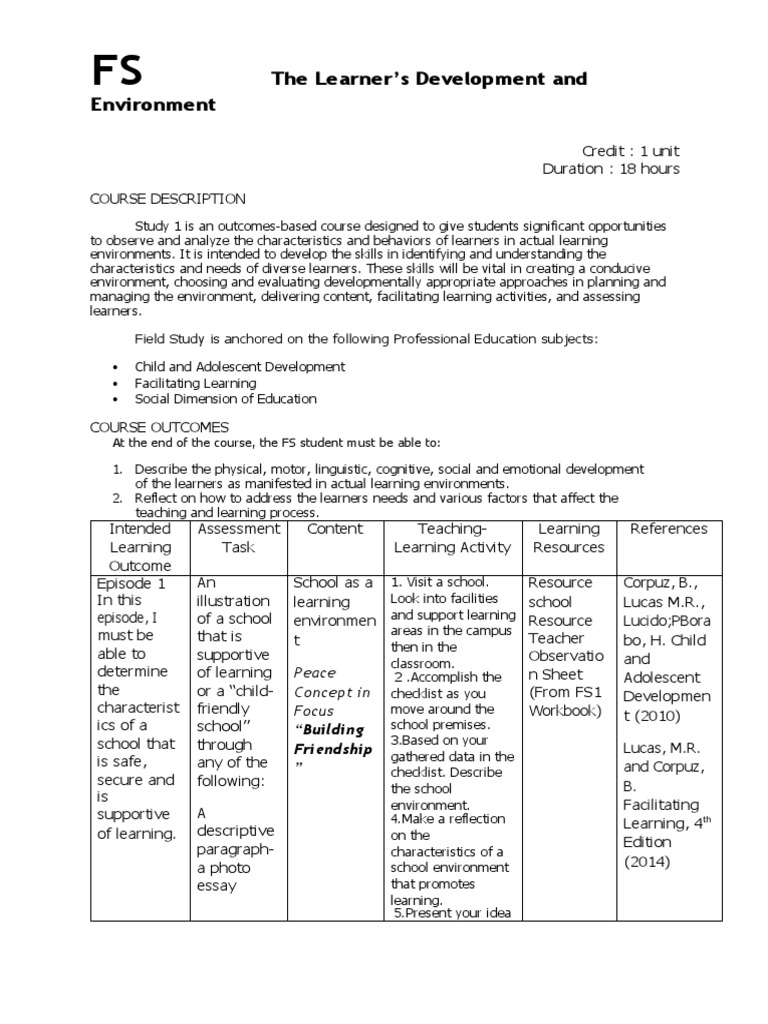 The Learner's Development and Environment: Field Study Is Anchored On ...