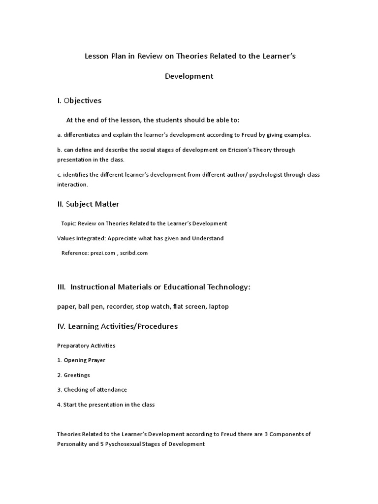 Lesson Plan in Review On Theories Related To The Learner's Development ...