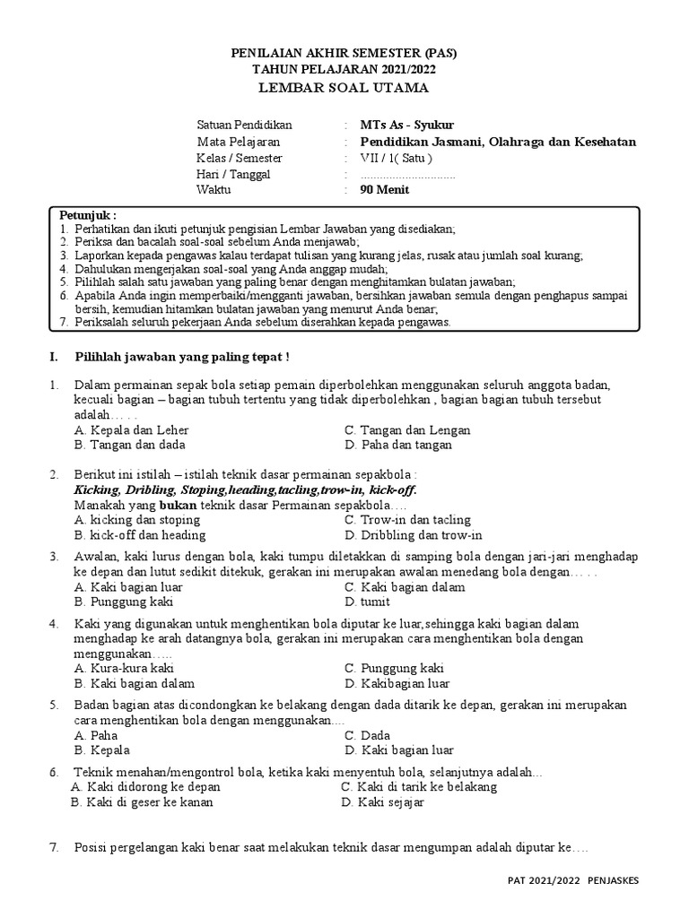 Soal PAS PJOK Kelas 7 | PDF
