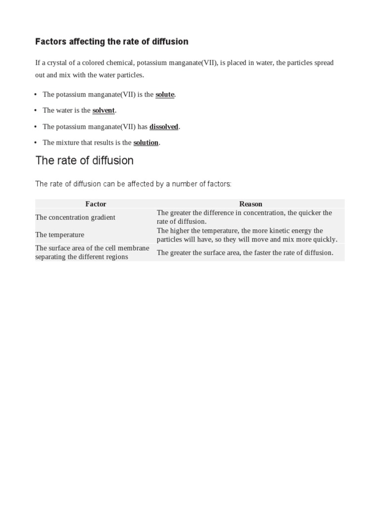 Factors Affecting The Rate of Diffusion | PDF