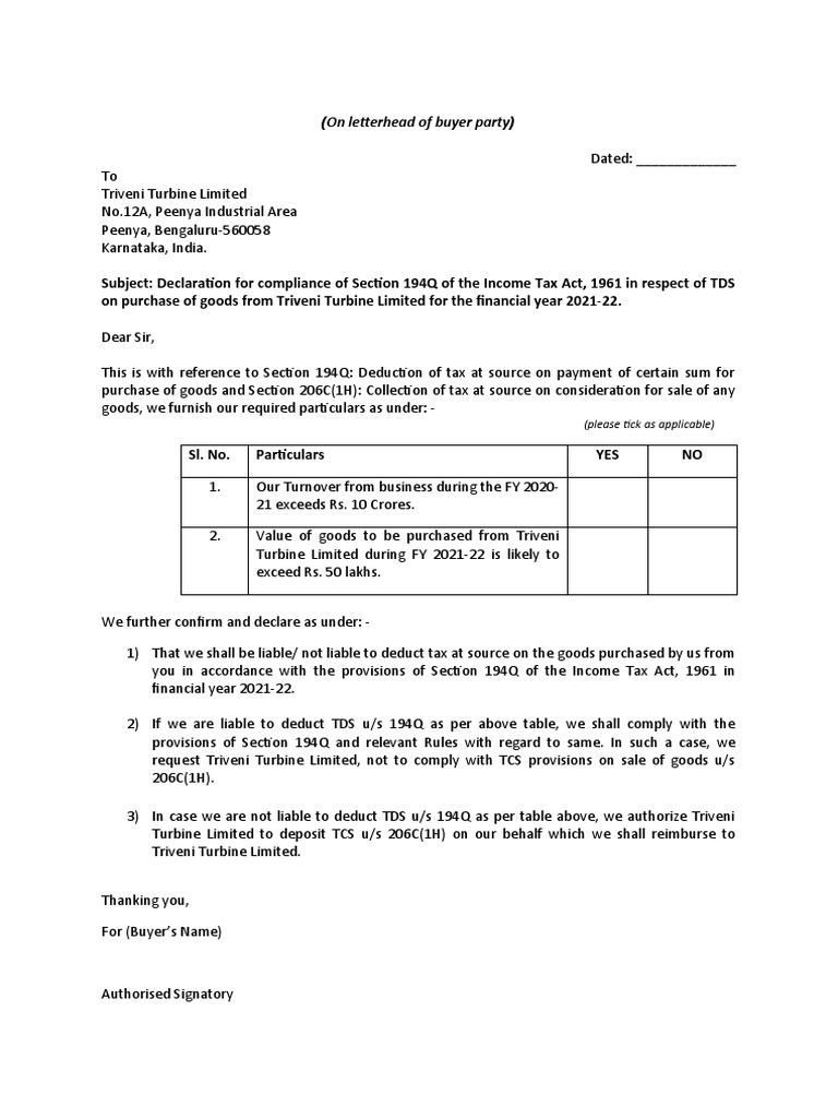 Declaration Confirmation-Section-194Q - Format | PDF