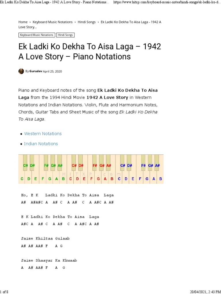 Ek Ladki Ko Dekha To Aisa Laga - 1942 A Love Story - Piano Notations ...