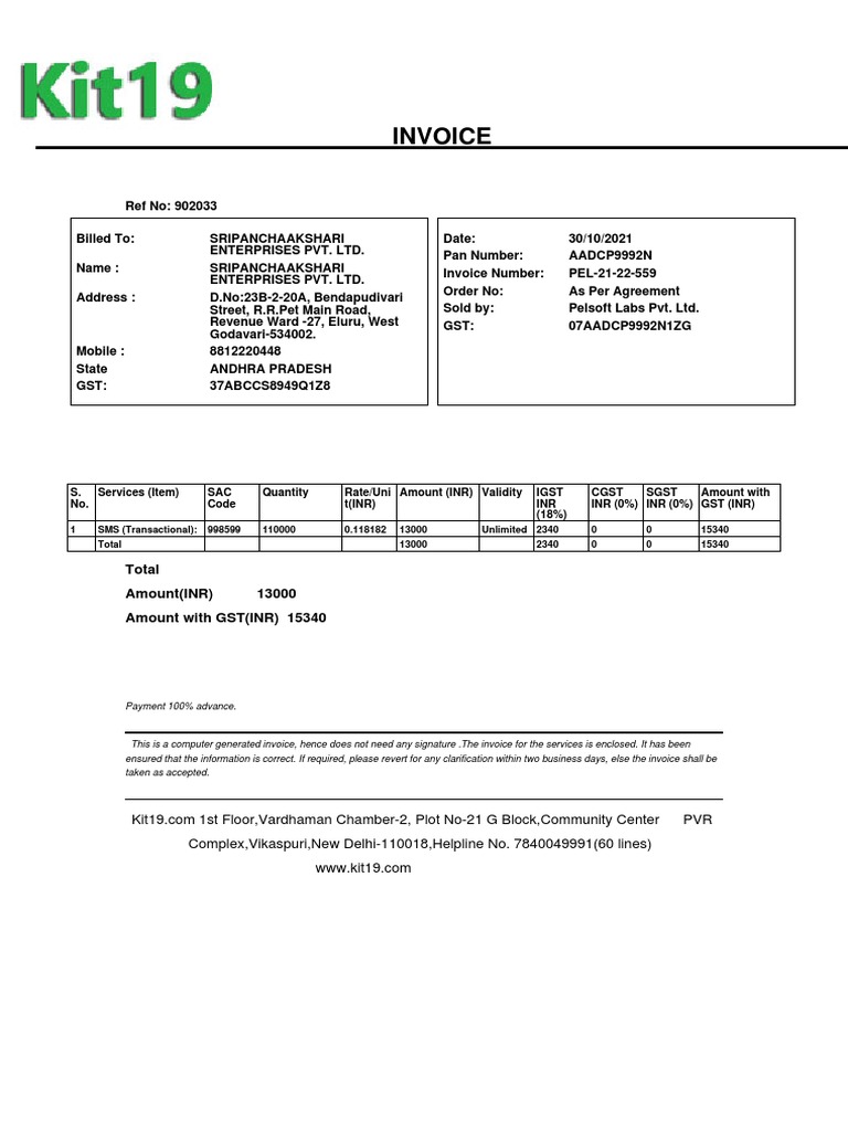 Invoice: Total Amount (INR) 13000 Amount With GST (INR) 15340 | PDF ...
