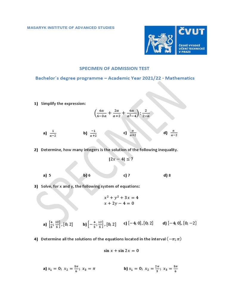 ADMISSION TEST BSc-Math | PDF | Mathematics | Mathematical Objects