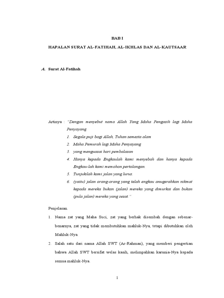 BAB I Hapalan Surat Al Fatihah Al Ikhlas Dan Al Kautsar | PDF