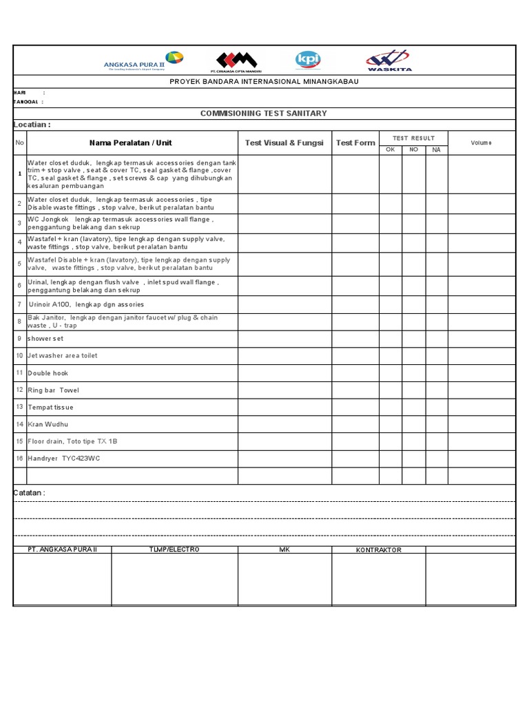 Form Ceklist Sanitary | PDF