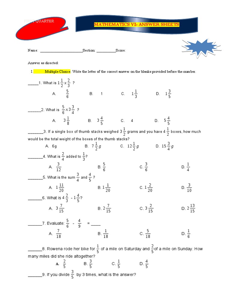 FIRST QUARTER Math Answer Sheets | PDF | Mathematics