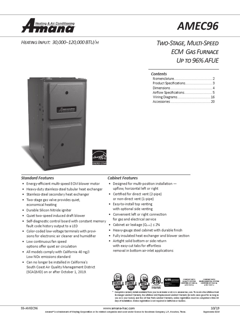 AMEC96: Two-Stage, Multi-Speed ECM Gas Furnace Up To 96% AFUE | PDF ... AMEC96: Two-Stage, Multi-Speed ECM Gas Furnace Up To 96% AFUE | PDF ...