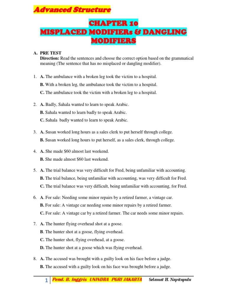 UNIT 10 - MISPLACED MODIFIERs & DANGLING MODIFIERS English 2021 Cetak | PDF | Adverb | Verb