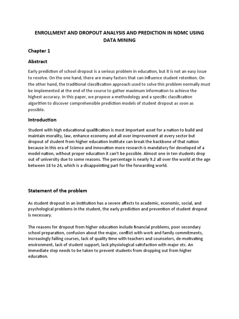 Enrollment and Drop Out Analysis and Prediction in NDMC Using Data ...