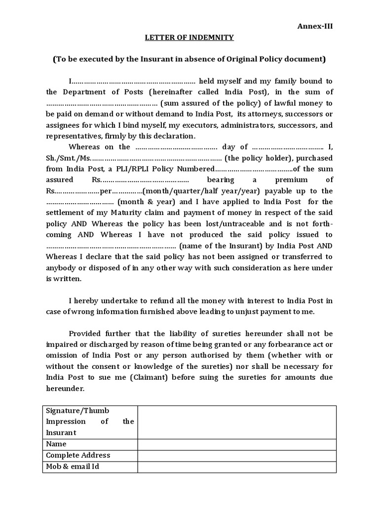 Letter of Indemnity For Maturity - Survival Claim | PDF | Private Law ...