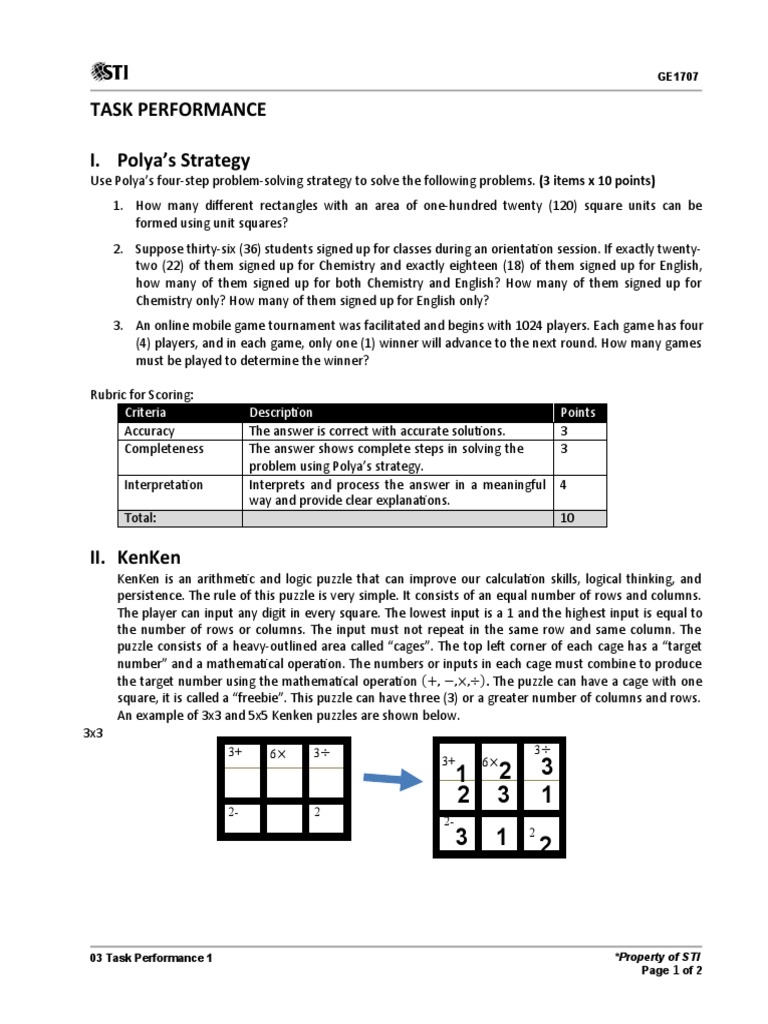 Task Performance I. Polya's Strategy: Criteria Description Points | PDF | Mathematics