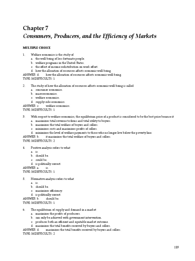 Consumers, Producers, and The Efficiency of Markets: Multiple Choice ...