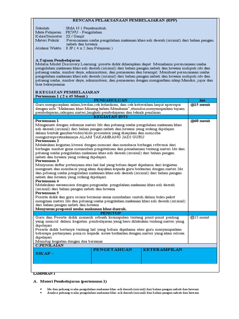 RPP 1.pkwu 1 Lembar - 1 KD Sem 1 | PDF