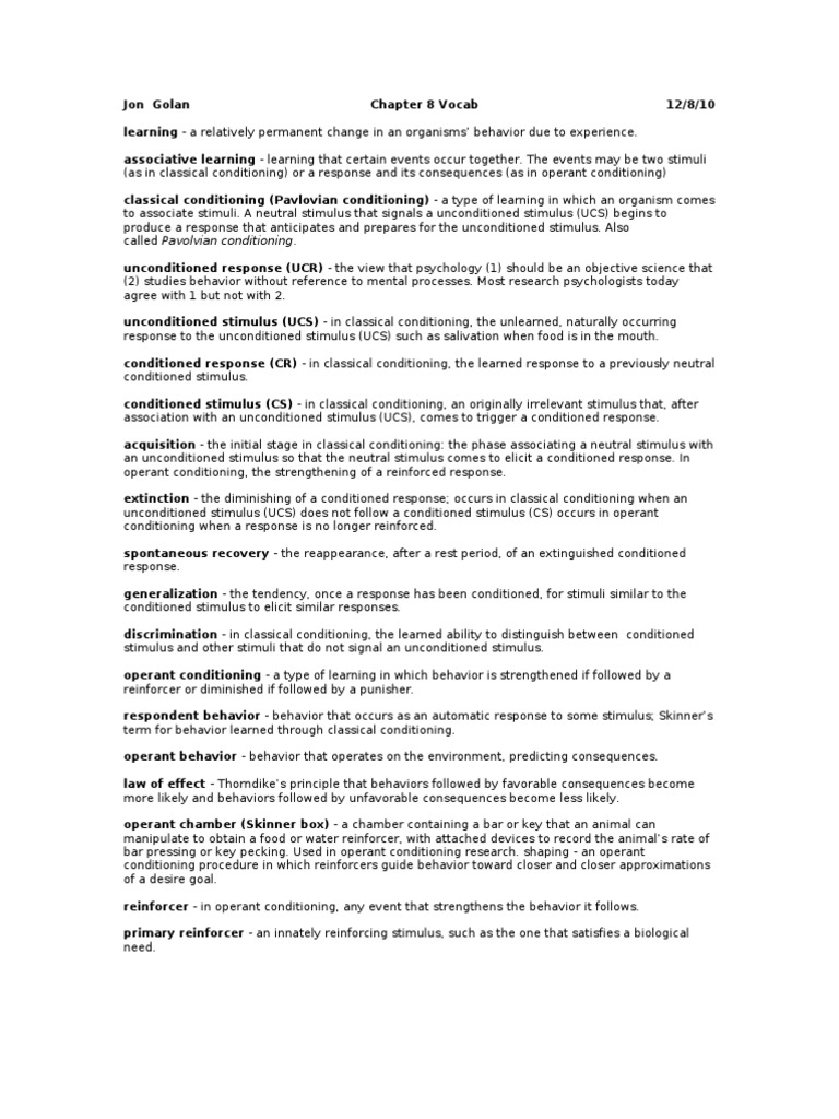 AP PSYCH Chapter 8 Vocab | PDF | Classical Conditioning | Reinforcement