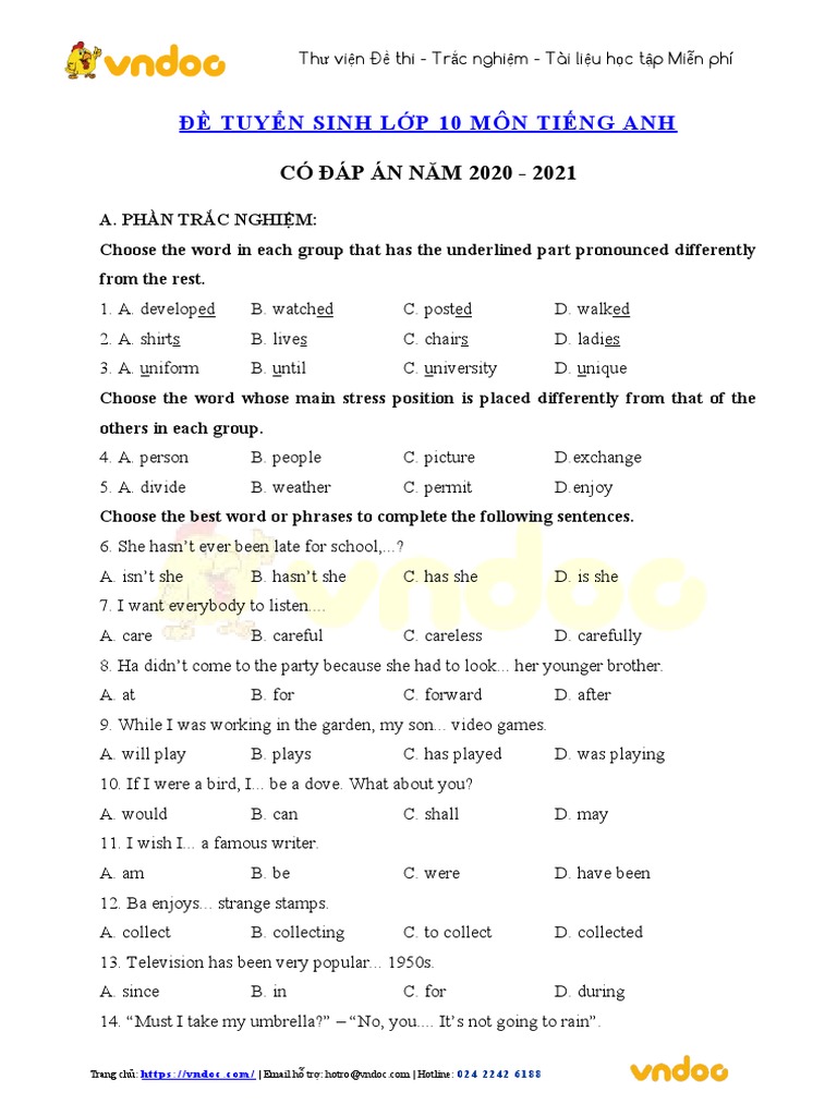 De Thi Thu Vao Lop 10 Mon Tieng Anh Nam 2020 2021 So 3 | PDF