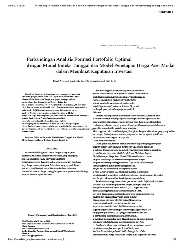 Perbandingan Analisis Pembentukan Portofolio Optimal Dengan Model Indeks Tunggal Dan Model