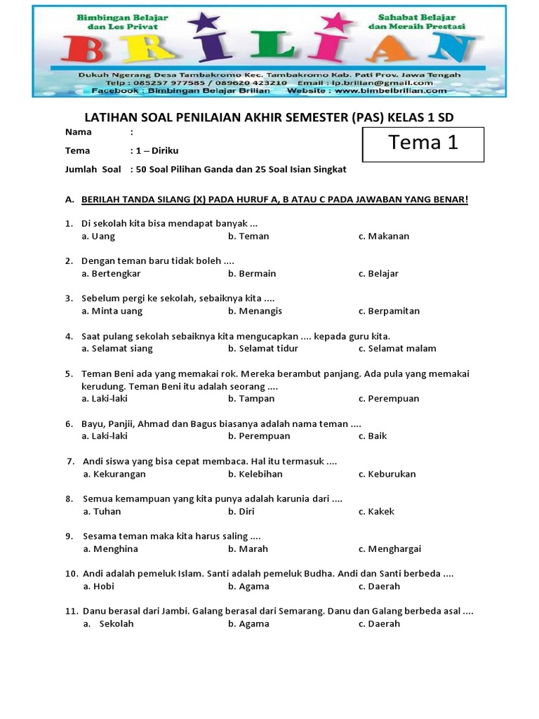 Soal PAS Kelas 1 SD Tema 1 Diriku Dan Kunci Jawaban | PDF