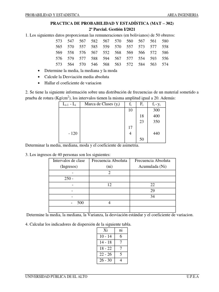 Guia de Problemas de Prob y Estadistica Upea 2do Parcial 2021 | PDF | Regresión lineal ...