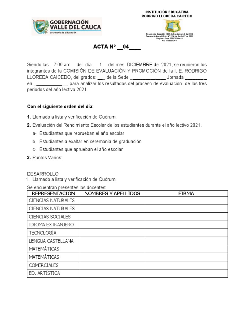Modelo Acta de Evaluacion y Promocion Grado Once 2021 | PDF | Evaluación