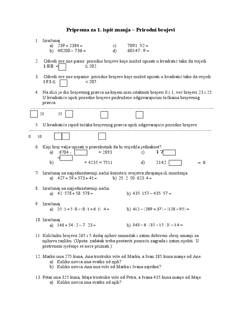 Priprema Za 1 Ispit Znanja Prirodni Brojevi | PDF
