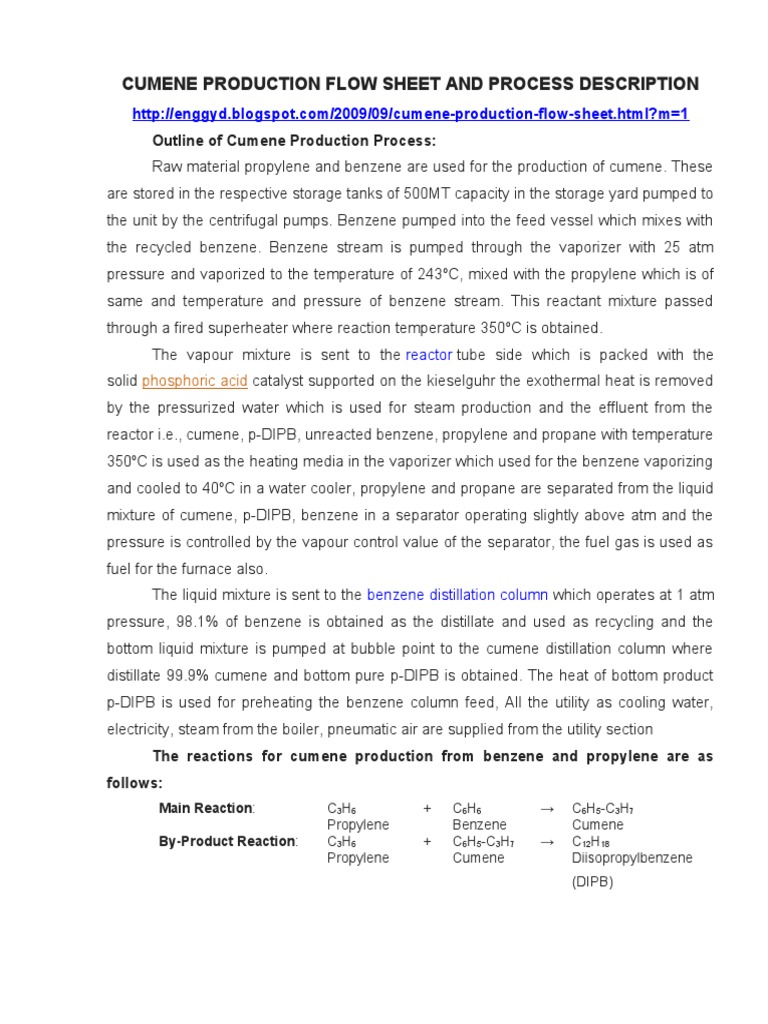 Cumene Production Flow Sheet and Process Description | PDF | Chemical ...