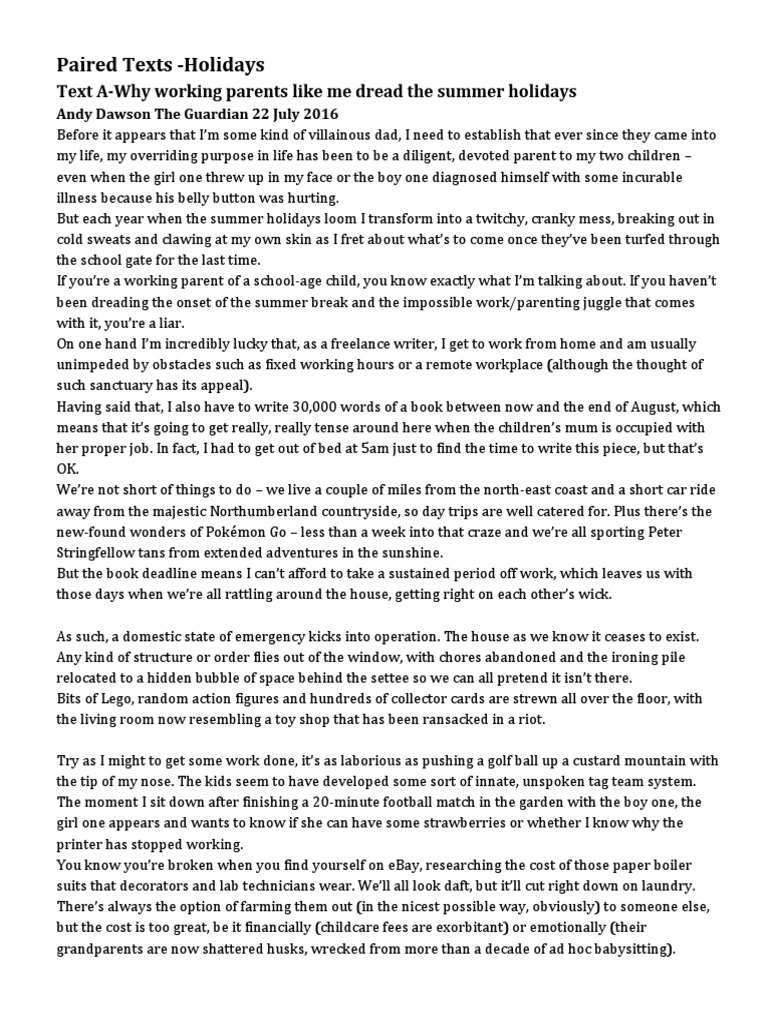 Paired Texts - Holidays: Text A-Why Working Parents Like Me Dread The ...