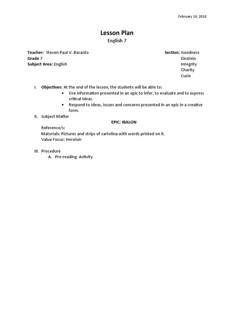 Ibalon Epic Lesson Plan for Grade 7 | PDF