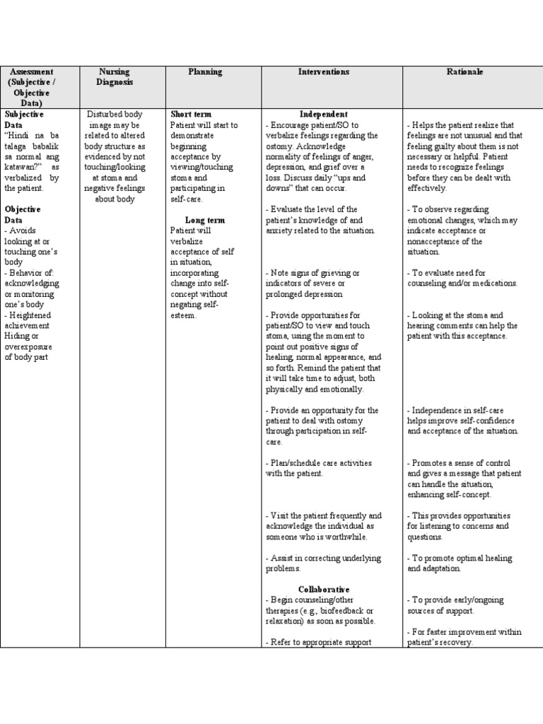 Assessment (Subjective / Objective Data) Nursing Diagnosis Planning Interventions Rationale ...