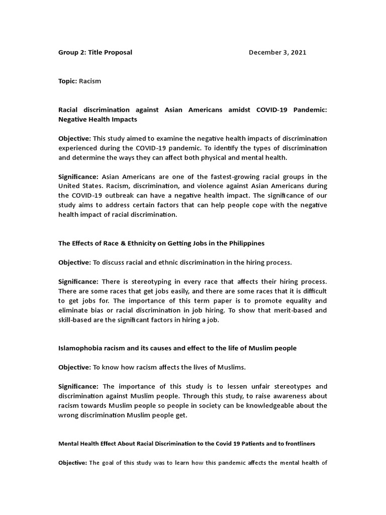 Group 2 - Title Proposal | PDF | Discrimination & Race Relations | Racism