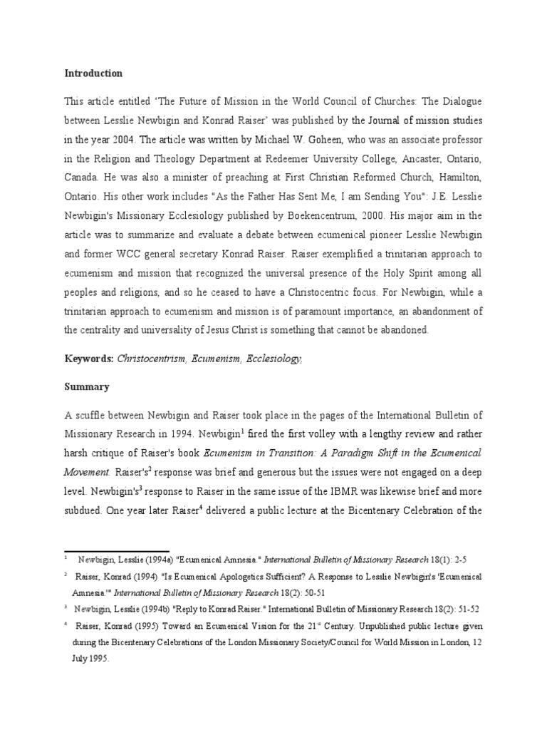 Christocentrism, Ecumenism, Ecclesiology,: Newbigin | PDF | Christian ...