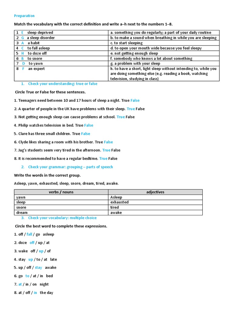 Match The Vocabulary With The Correct Definition and Write A-H Next To ...