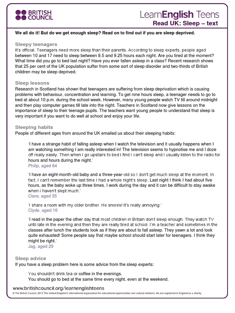 Read UK: Sleep - Text: Sleepy Teenagers | PDF | Sleep | Sleep Deprivation