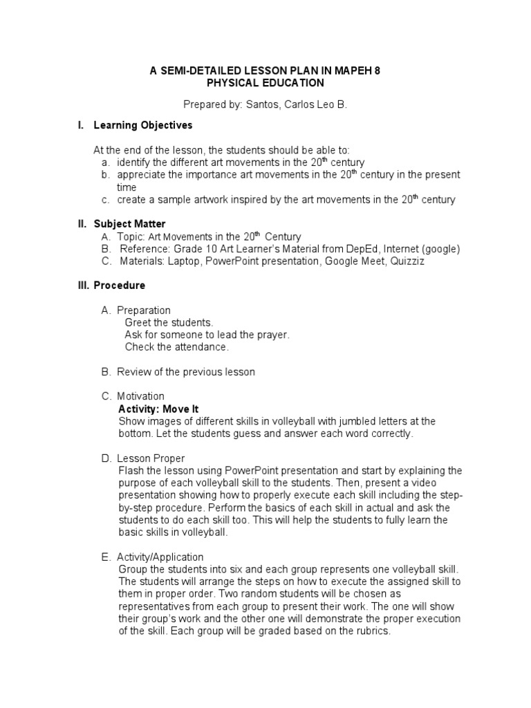 Semi-Detailed Lesson Plan Art 10 - Edtech | Descargar gratis PDF | Volleyball | Learning