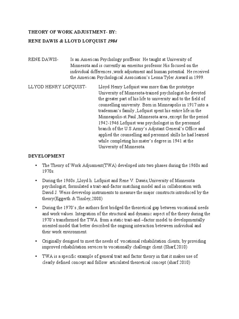 Theory of Work Adjustment-Written Report | PDF | Counseling Psychology ...