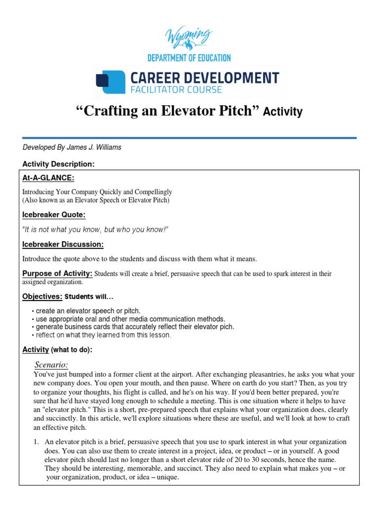 Crafting An Elevator Pitch Activity | PDF | Collaboration | Critical ...