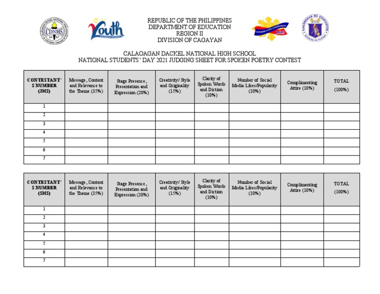 Judging Sheet For The Spoken Word Poetry | PDF